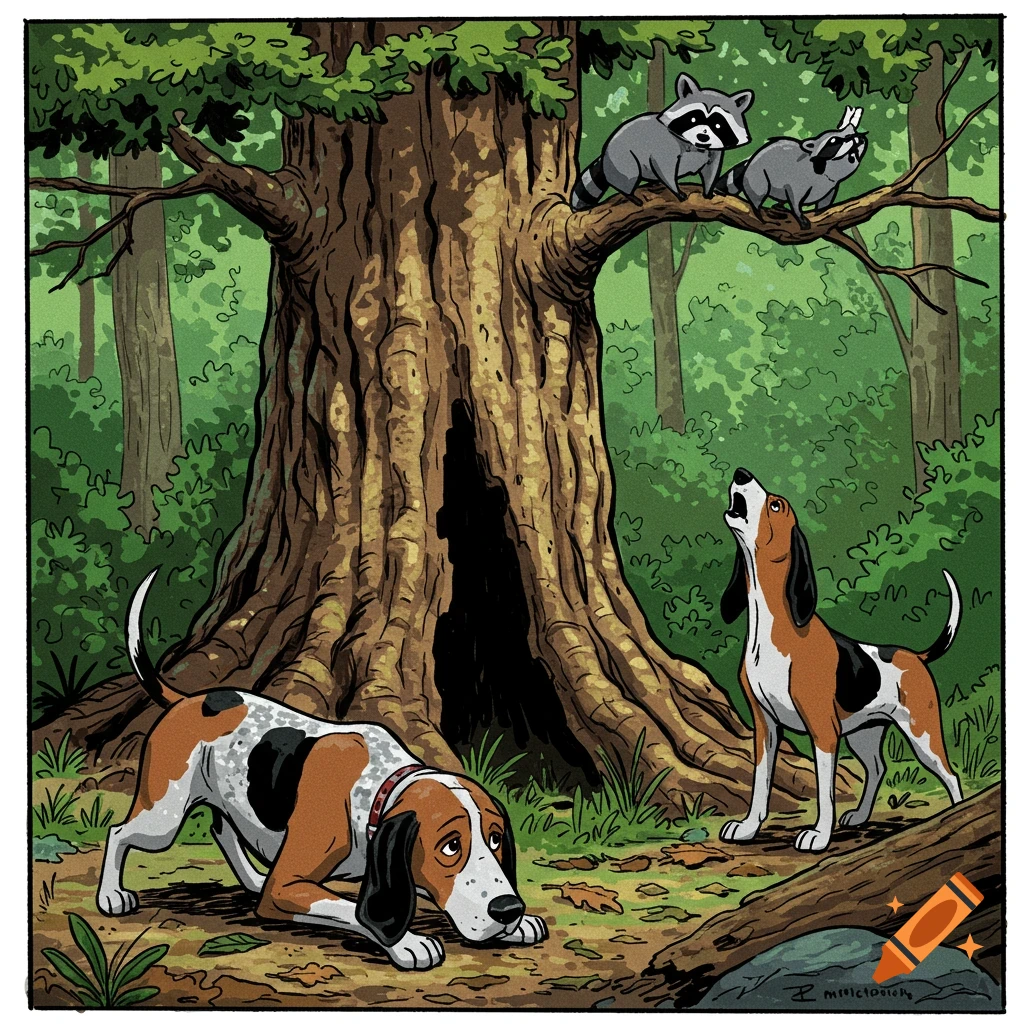 A comic illustration of two Coonhounds at the base of an oak tree, one ...