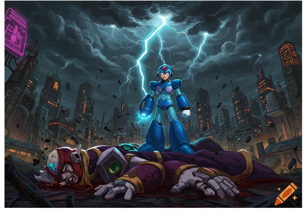Mega Man X stands over a defeated Sigma in a ruined futuristic city ...