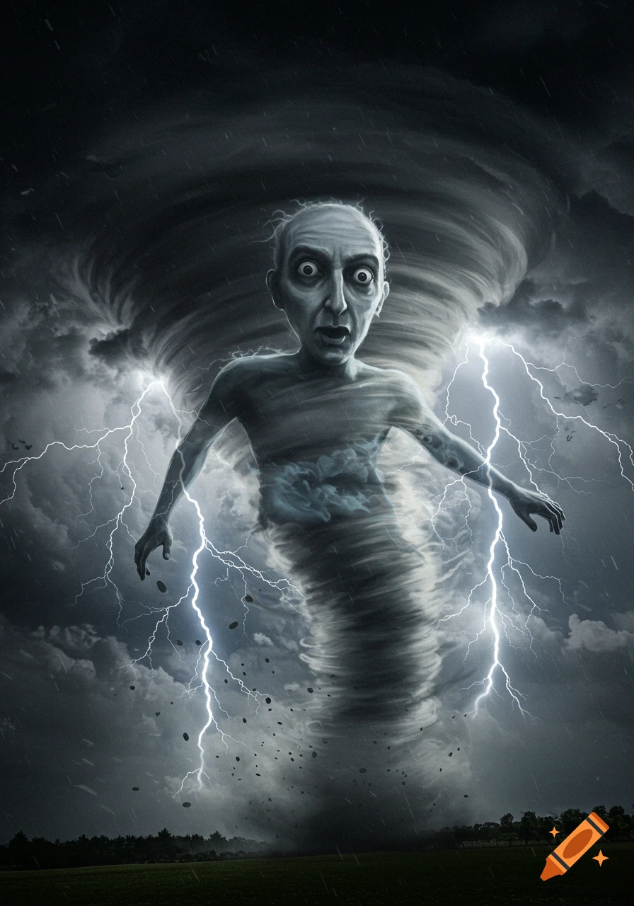 A bald man with wide, scared eyes, his body transforming into a ...