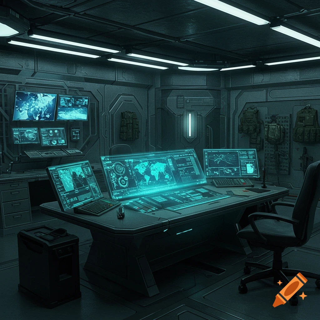 A dark, futuristic military control room with glowing blue computer ...