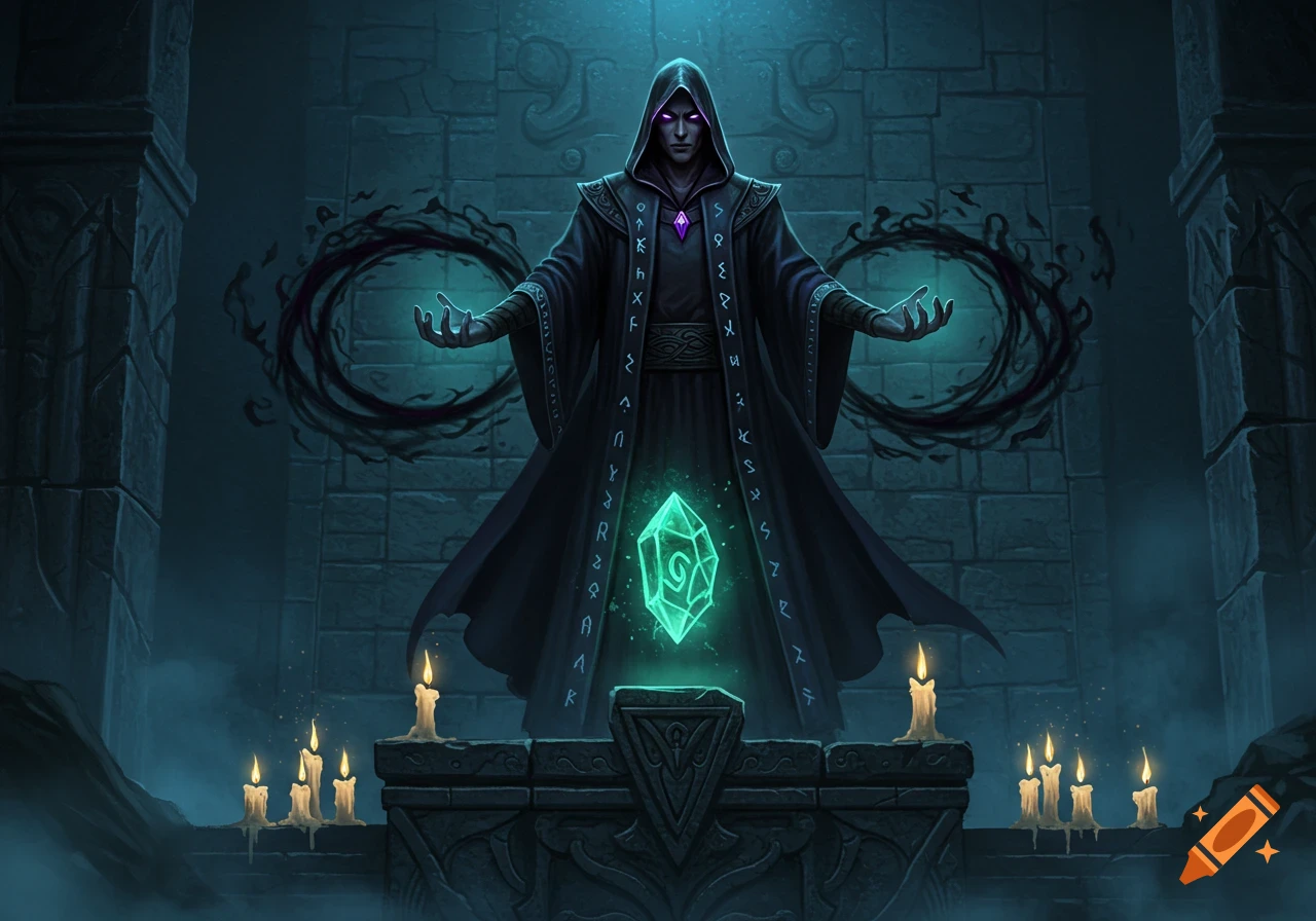 A horned demon in red robes stands in a dark gothic temple, centered on ...