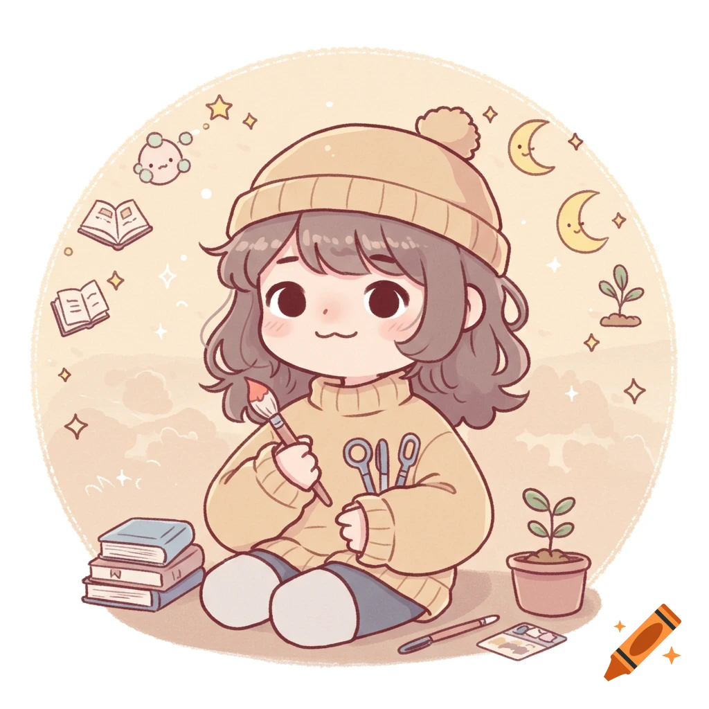 Smiling chibi girl with brunette hair and a holly sprig, holding a ...