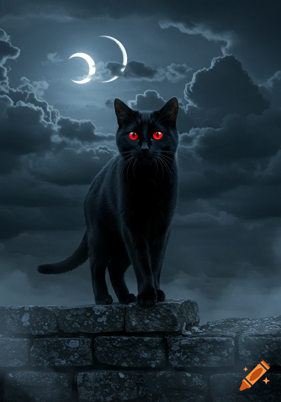 A black cat with glowing red eyes stands on a stone wall under a dark ...