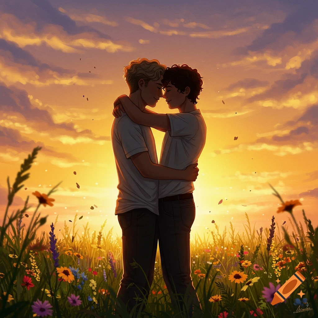 Stylized illustration of two men with curly hair embracing in a sunny ...