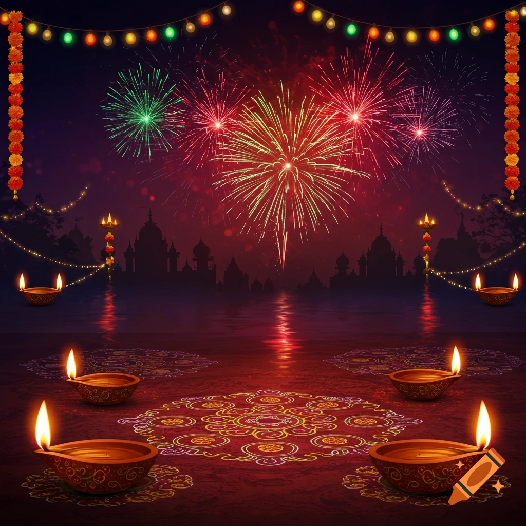 A vibrant Diwali night scene with colorful fireworks over temple ...