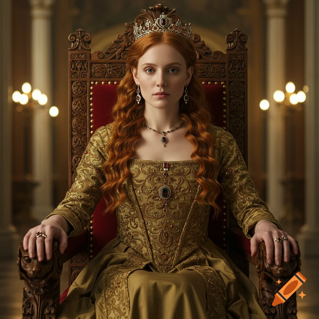 Red-haired queen in a golden embroidered dress and crown sits on a red ...