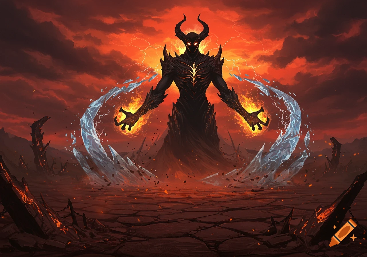 A dark, horned demon with glowing red eyes stands in a fiery volcanic ...
