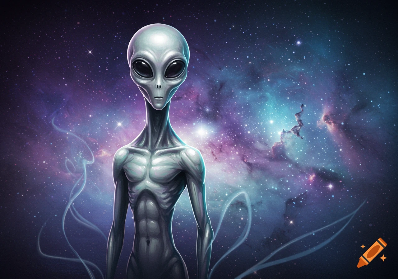 A grey alien with large dark eyes sits in the cockpit of a futuristic ...