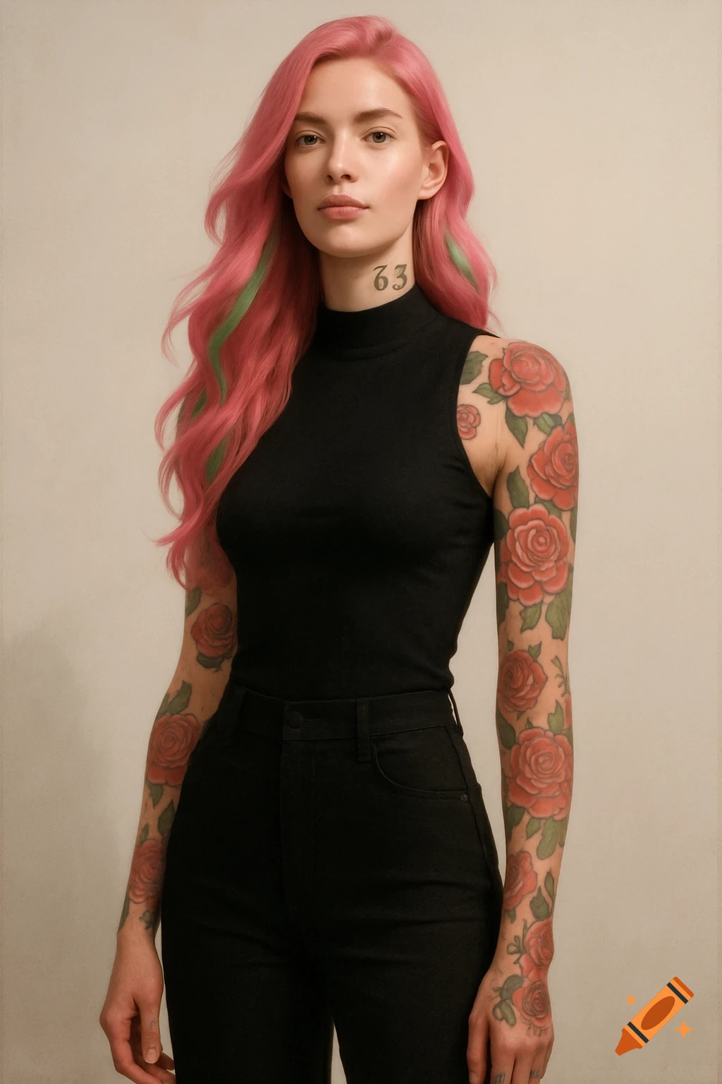 A woman with long pink hair and green highlights, rose tattoos, wearing ...