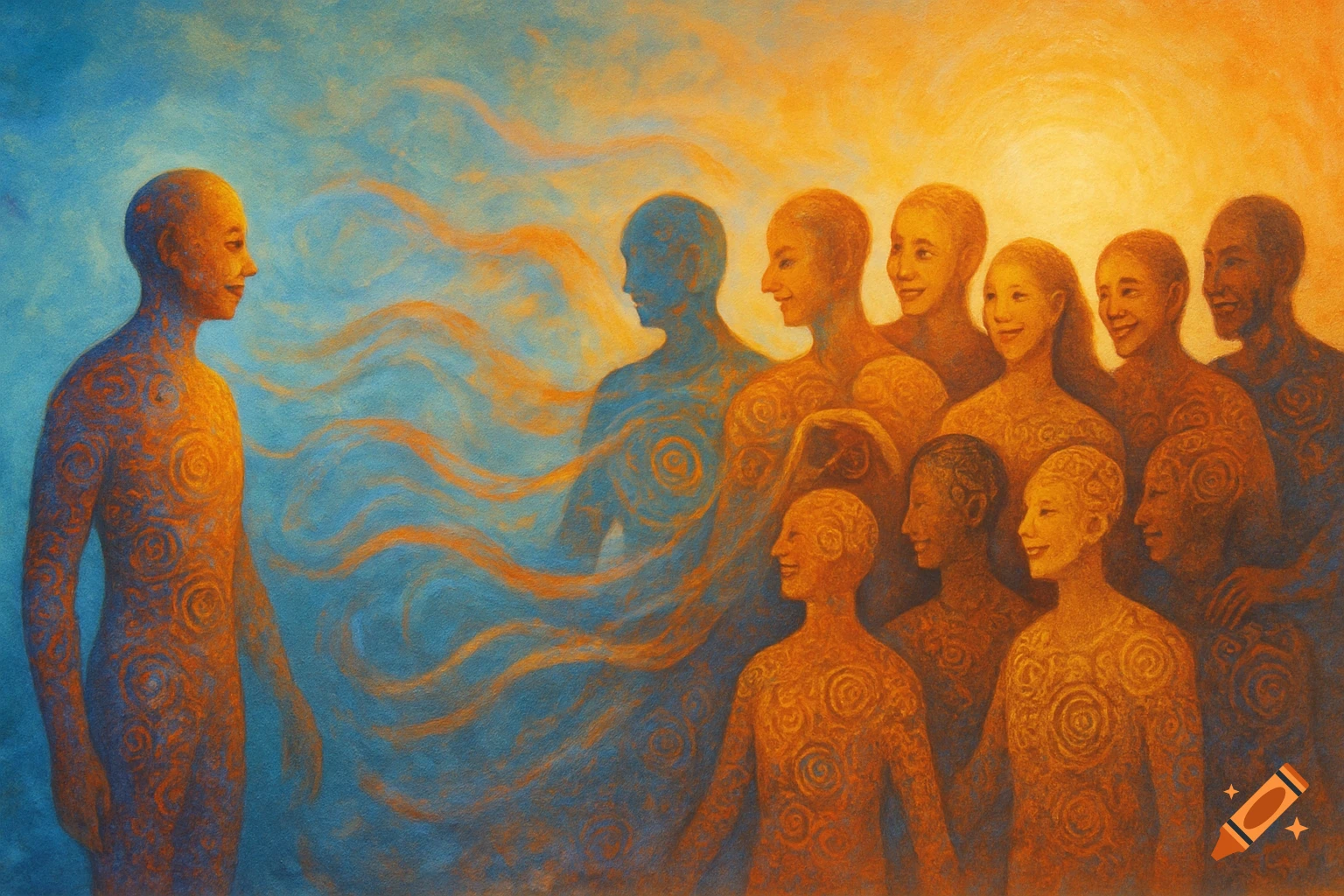 Abstract painting of orange-blue patterned human figures, one separate ...