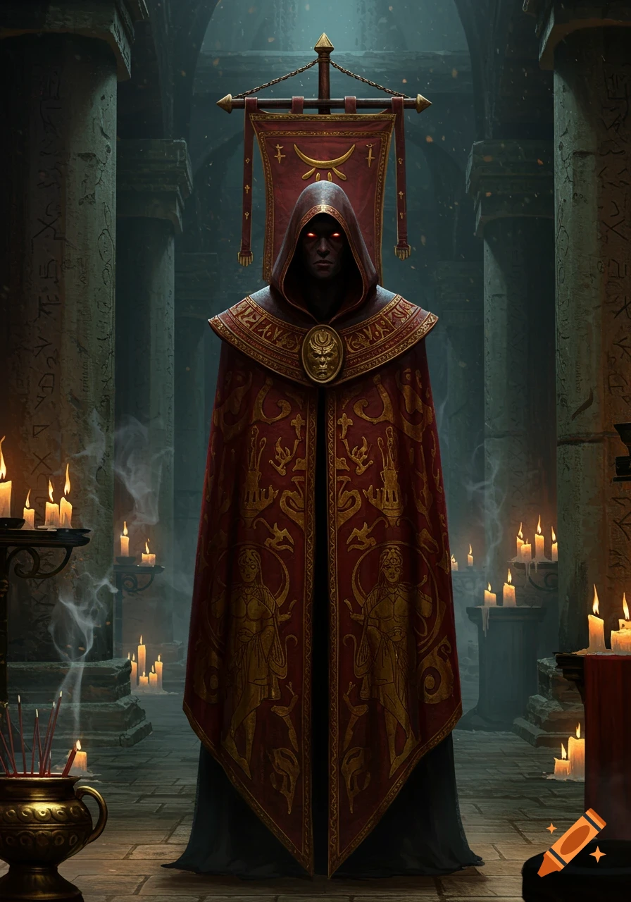 A hooded cultist in a red and gold patterned robe stands in a dark ...