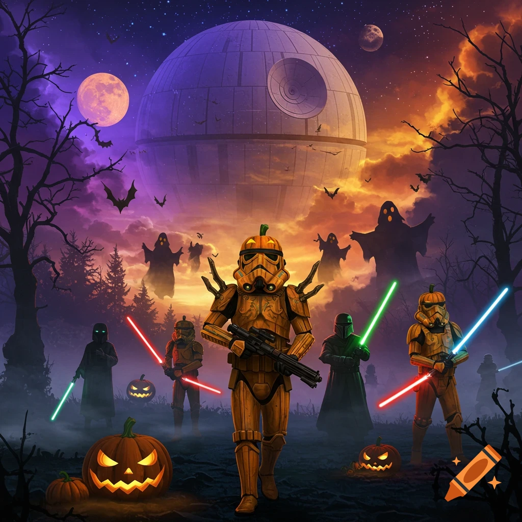 Star Wars Stormtroopers and Mandalorians in pumpkin helmets stand in a ...