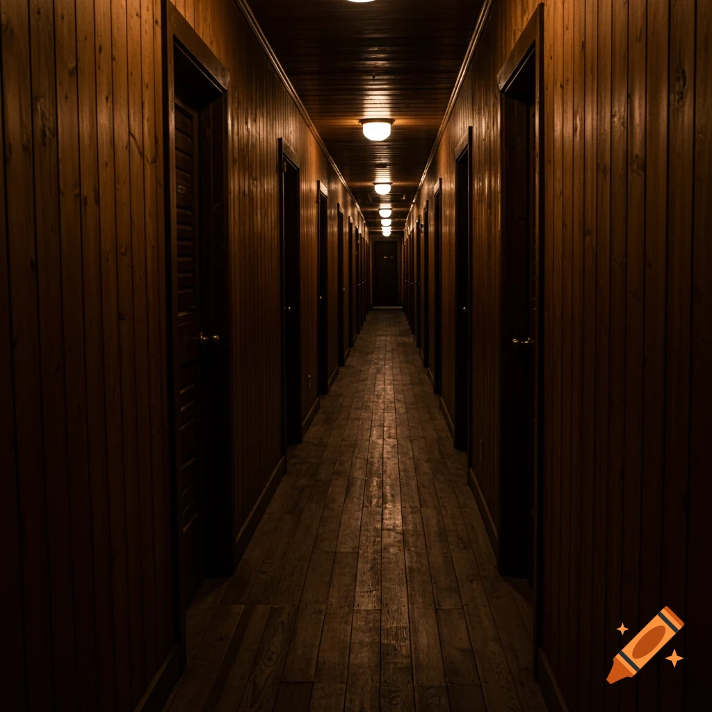 A long, dark wooden hallway with many closed doors and dim ceiling ...