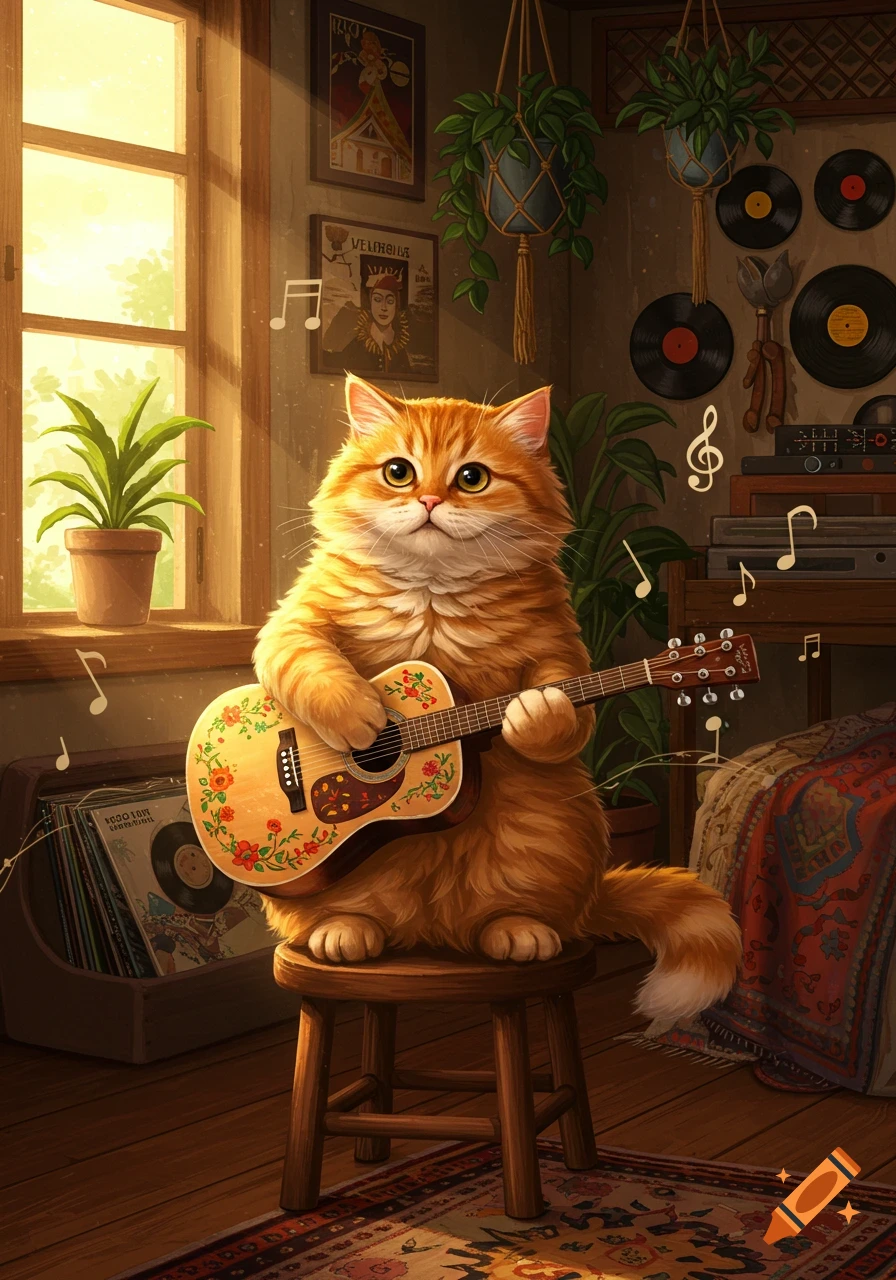 Cartoon Siamese cat in a red suit holding a red electric guitar ...