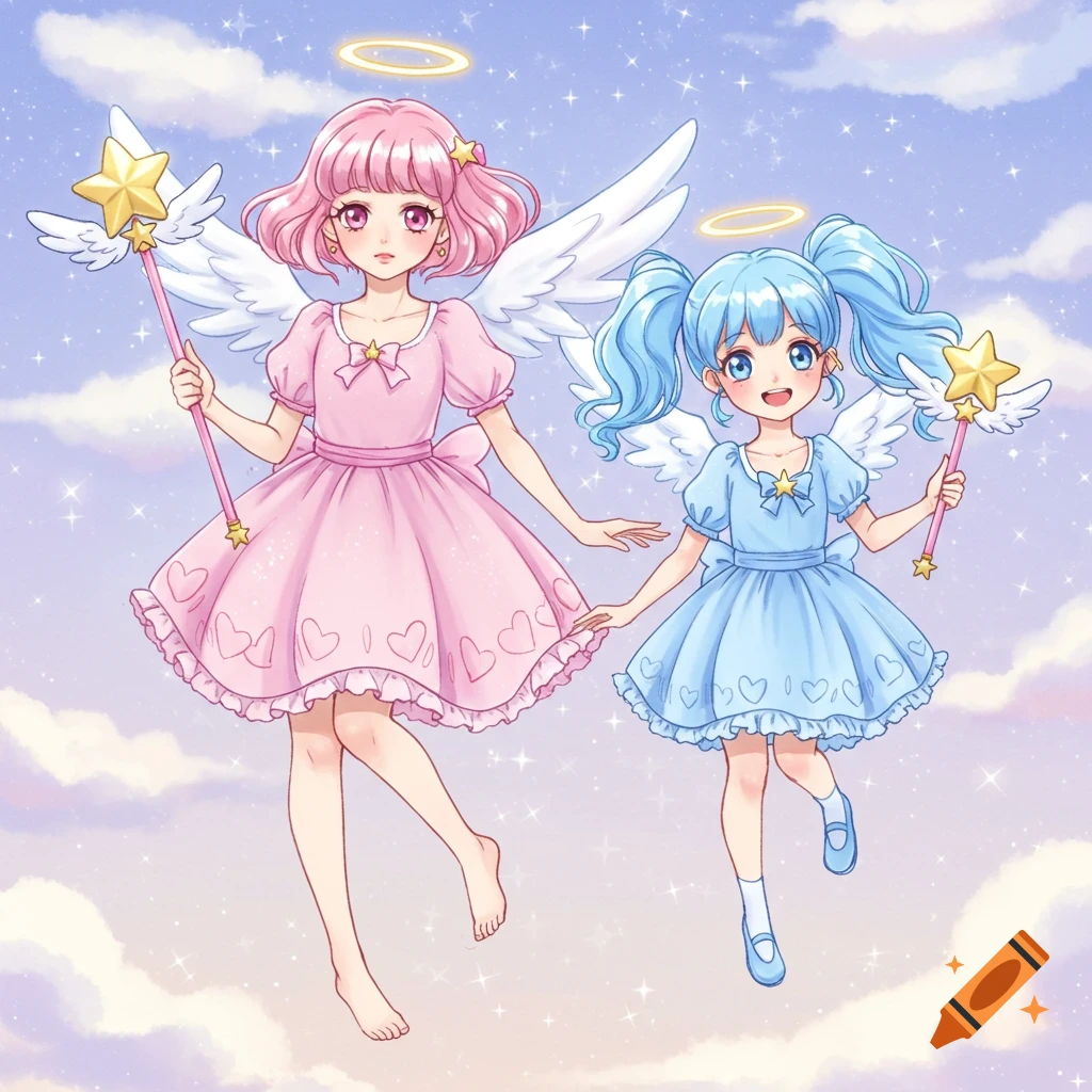 Two cute anime angel sisters, one in a pink frilly dress and the other ...
