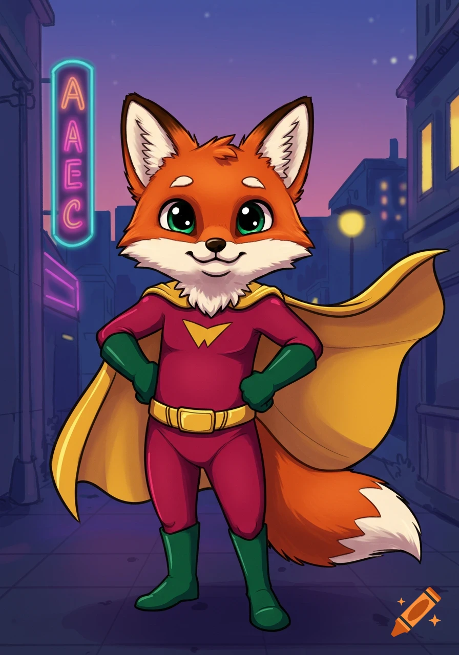 A cute cartoon fox superhero in a red and green suit with a yellow cape ...