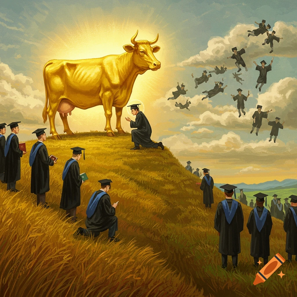 A painting of a glowing golden cow on a grassy hill, worshipped by ...