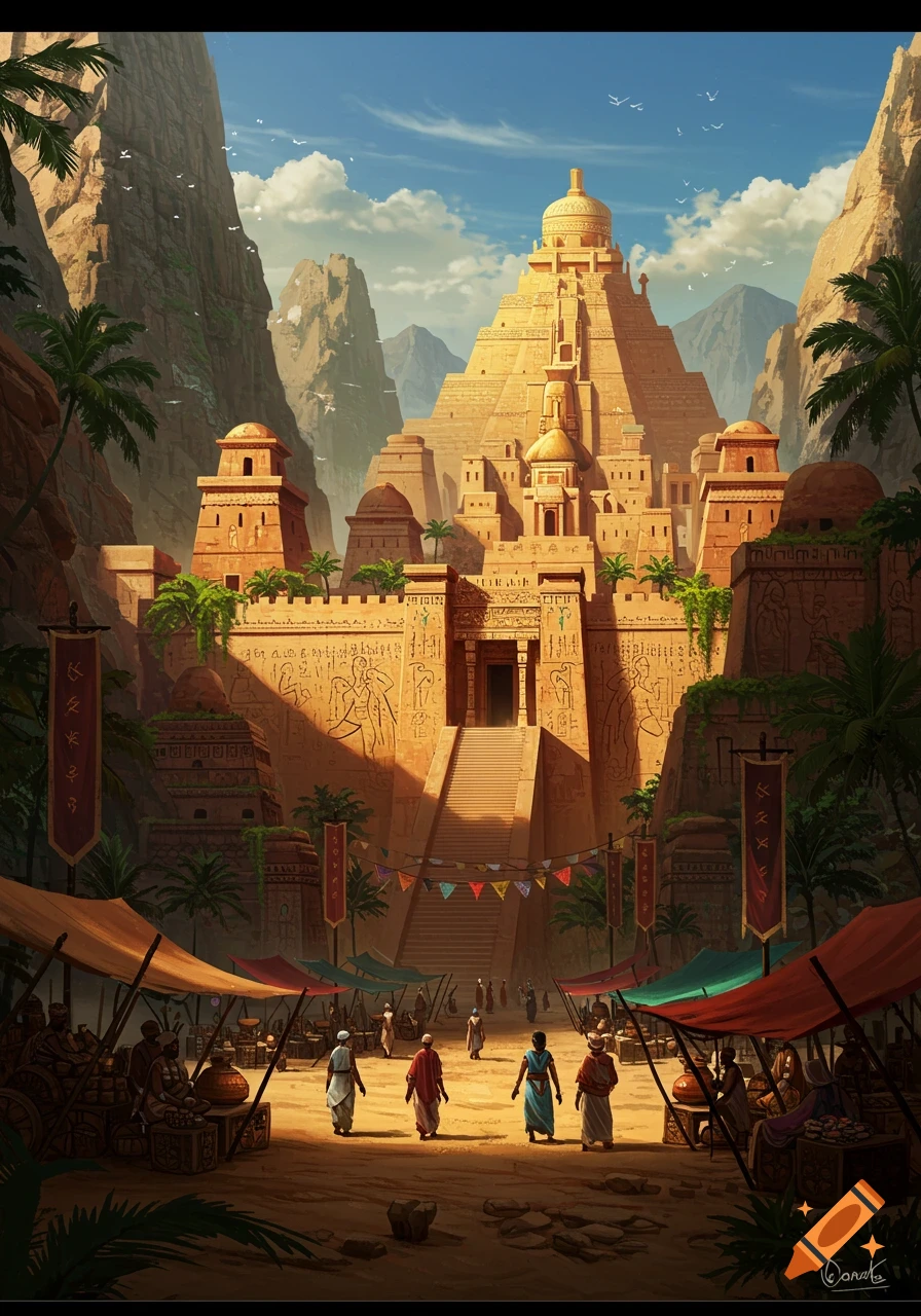 A photorealistic cow grazes in a grassy clearing amidst ancient Aztec ...