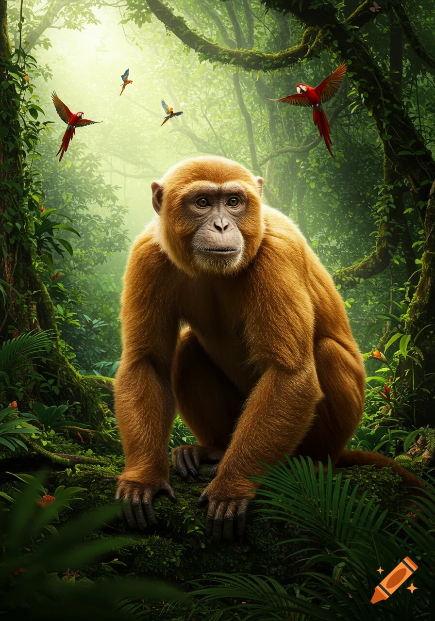 A photorealistic leopard sits in a lush jungle, holding a syringe ...