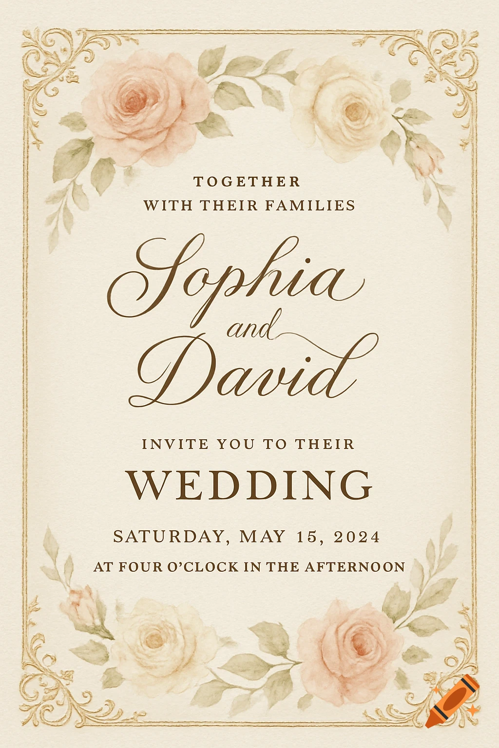 A golden wedding anniversary invitation design with floral borders, two ...