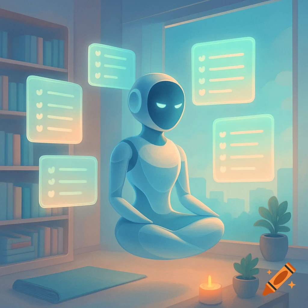 A futuristic AI robot meditating, surrounded by floating glowing task ...