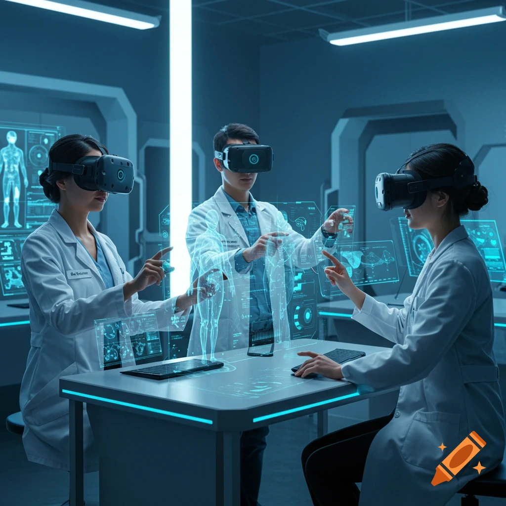 Three women in a futuristic store interacting with glowing blue holographic displays in a sci-fi ...