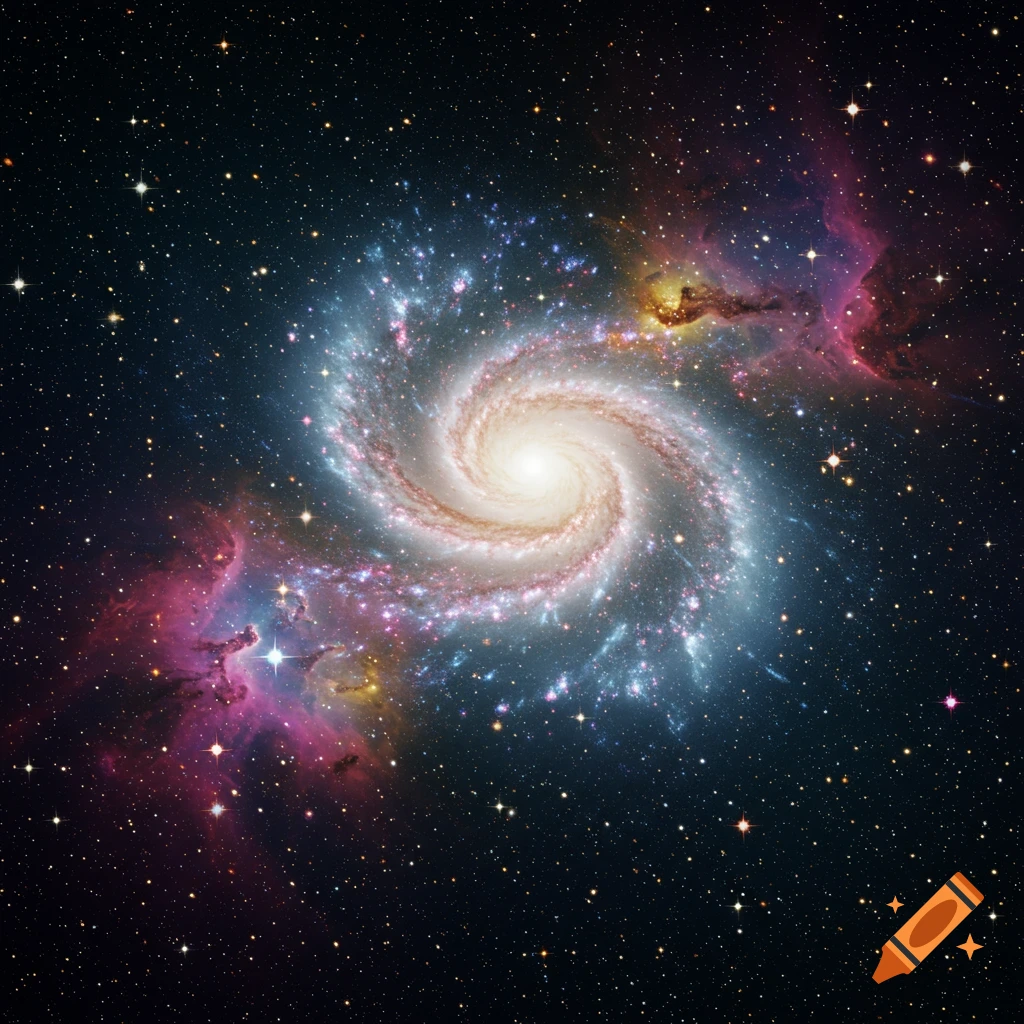 A vibrant spiral galaxy with a bright yellow core and blue and pink ...