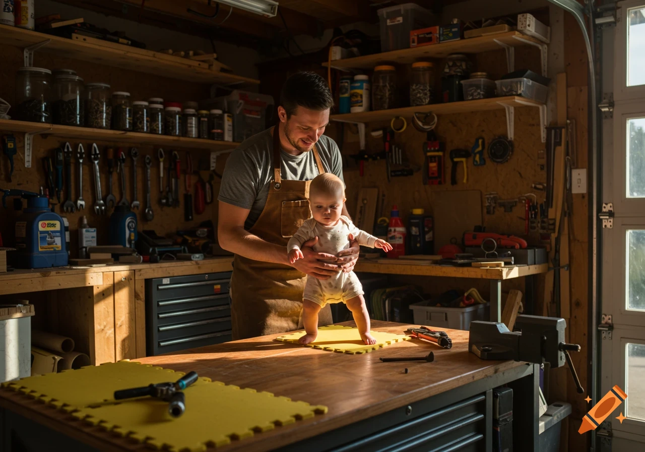 A man in a brown apron holds a baby standing on a yellow mat on a ...