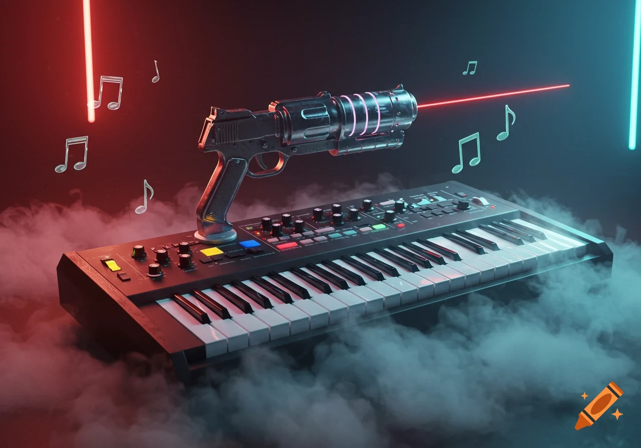 Modular synthesizer keyboard in a futuristic forest world on Craiyon