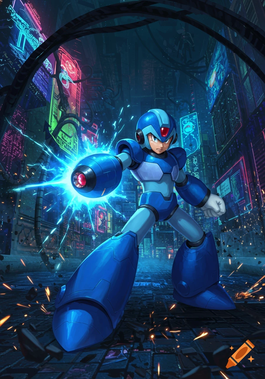 Mega Man X stands in a futuristic, neon-lit cyberpunk city, charging ...