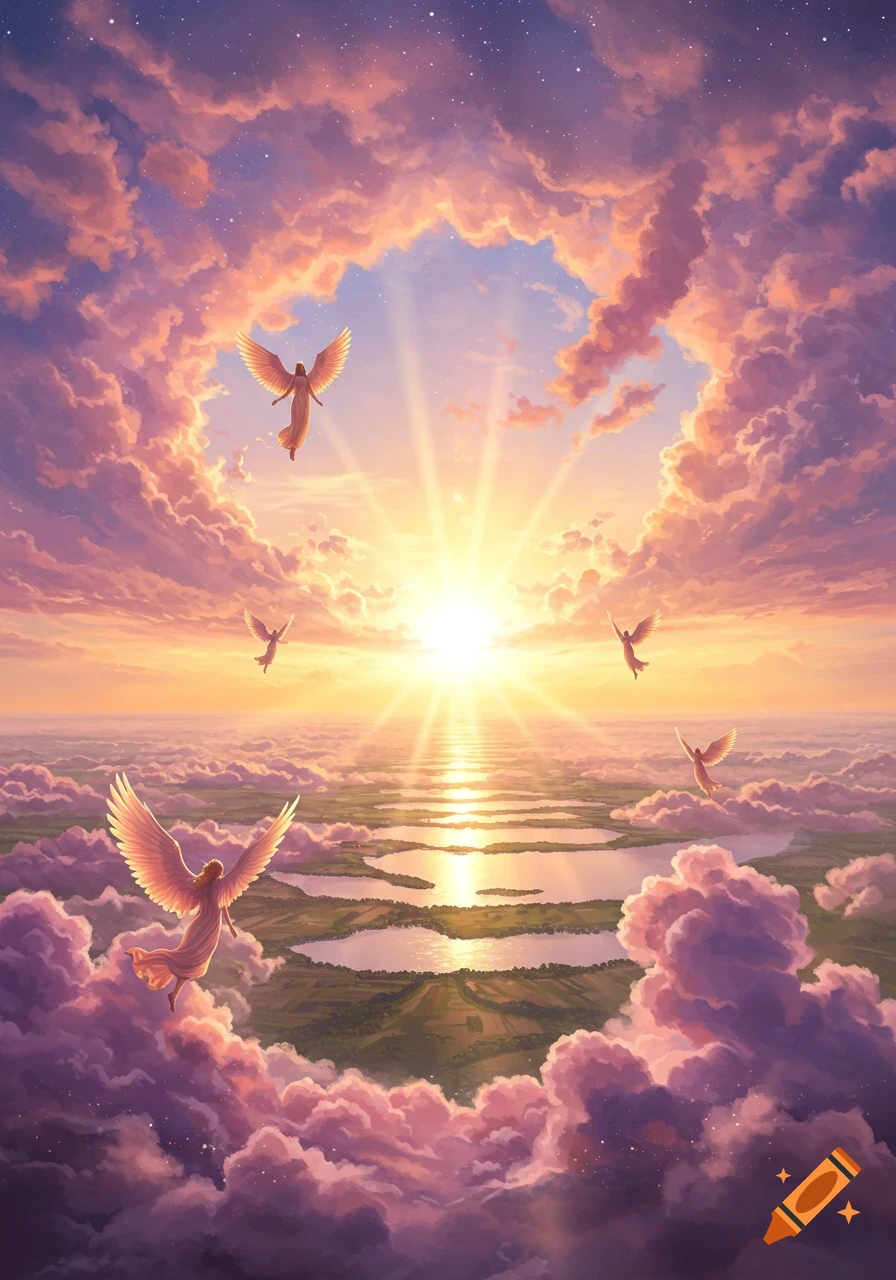 Five angels soar through an opening in vibrant pink and purple clouds ...