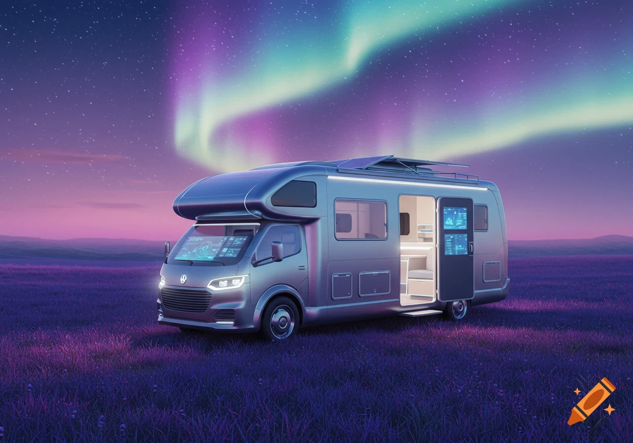 A modern, matte pink luxury camper van with off-road tires on a rocky ...