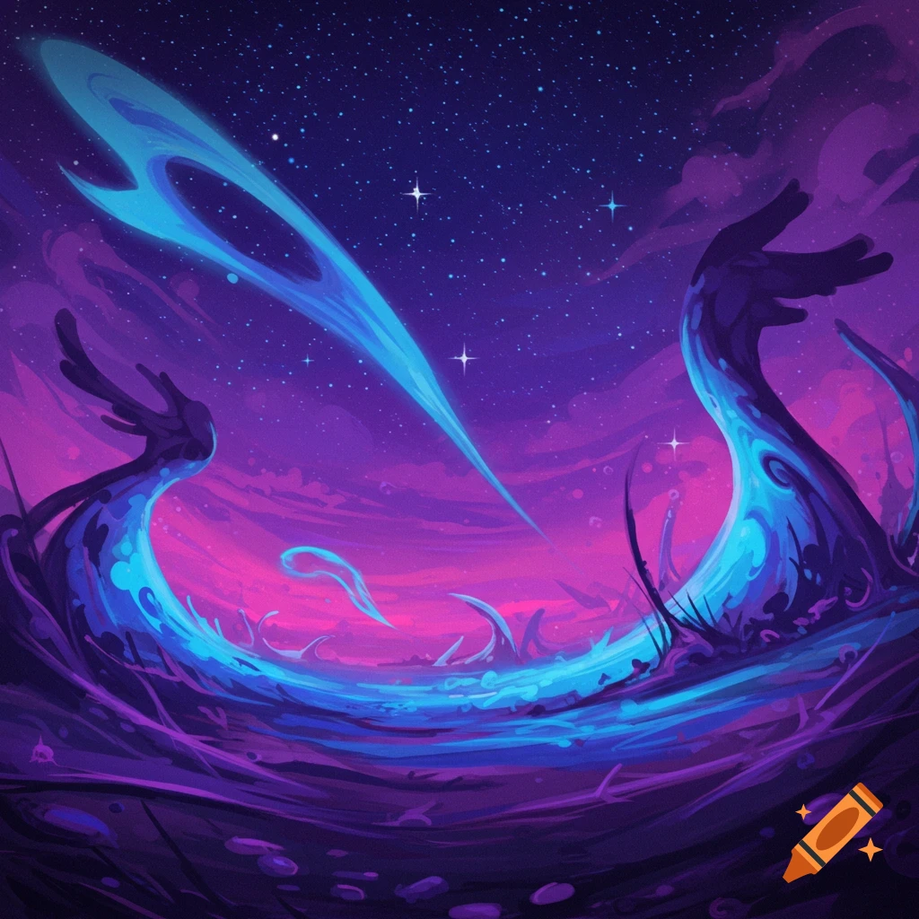 Vibrant, cosmic alien landscape with glowing blue and purple flora ...