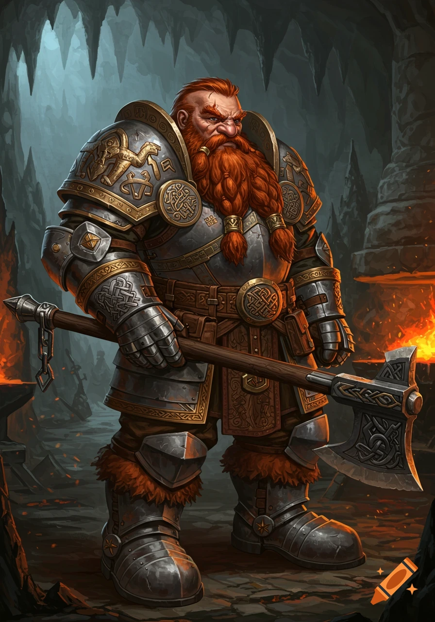 A powerful, armored fantasy dwarf with a red beard stands in a cave ...