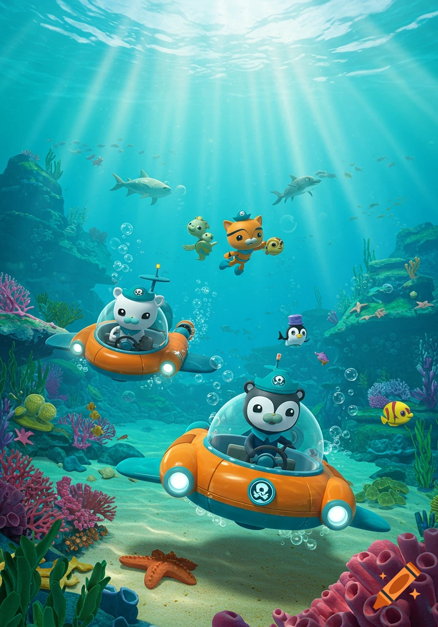 Animated Octonauts characters in submersibles and swimming underwater ...