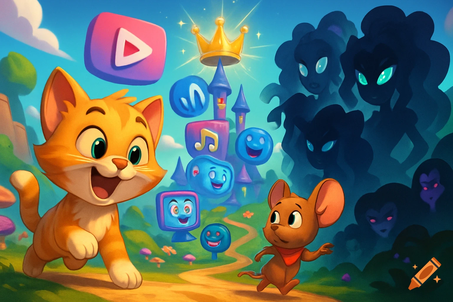 Colorful cartoon monsters singing and dancing on a grassy hill with ...