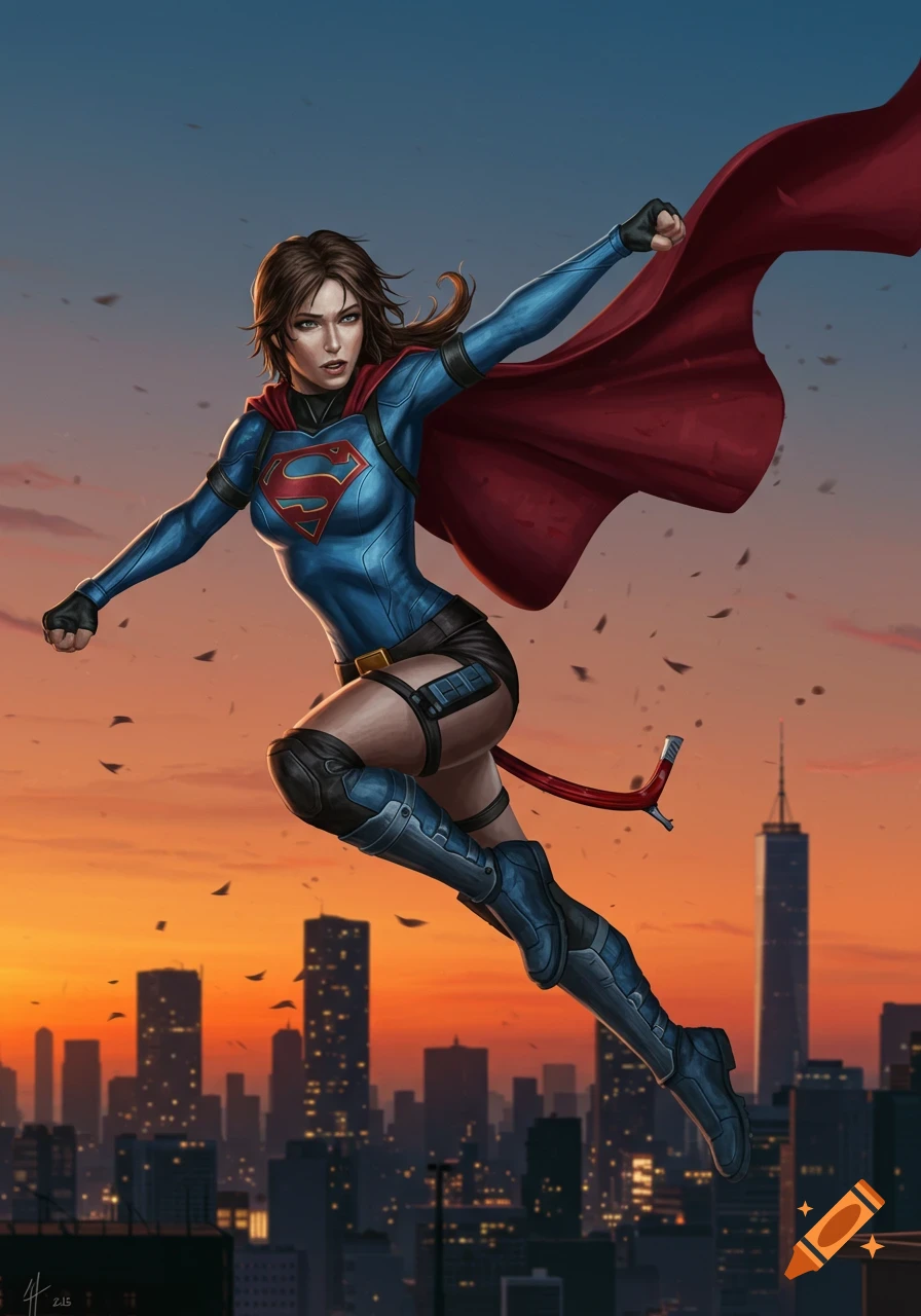 A superhero girl with a jetpack flies over a city and green landscape ...