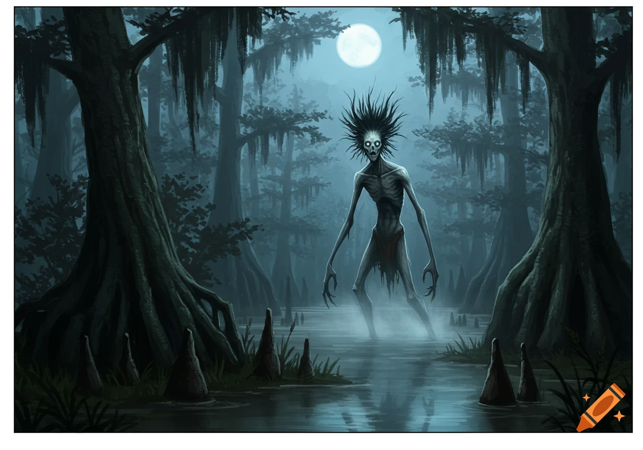 A gaunt, monstrous creature with spiky hair and glowing eyes stands in ...