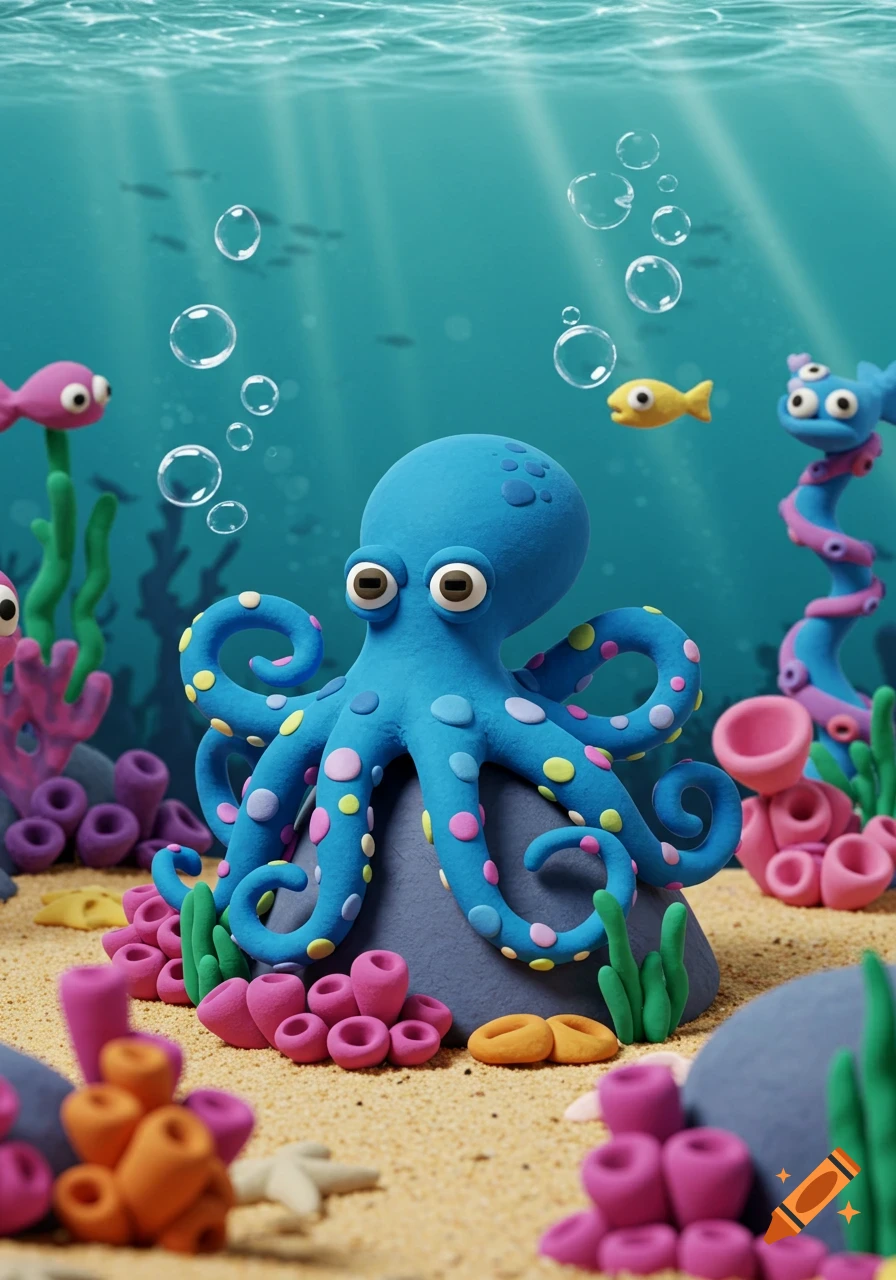 A colorful blue claymation octopus with polka dots sits on a rock ...