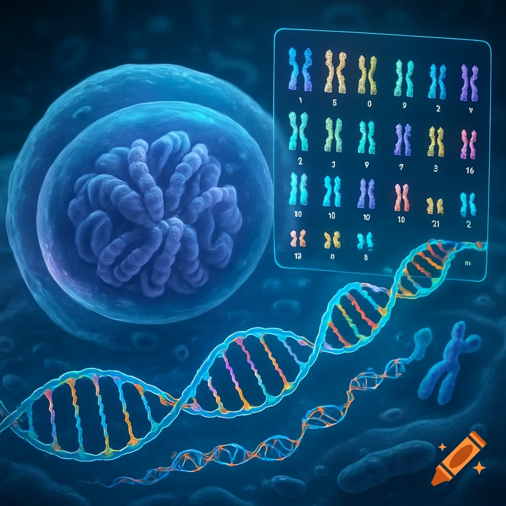 DNA double helix surrounded by leaves and flowers in vibrant colors on ...