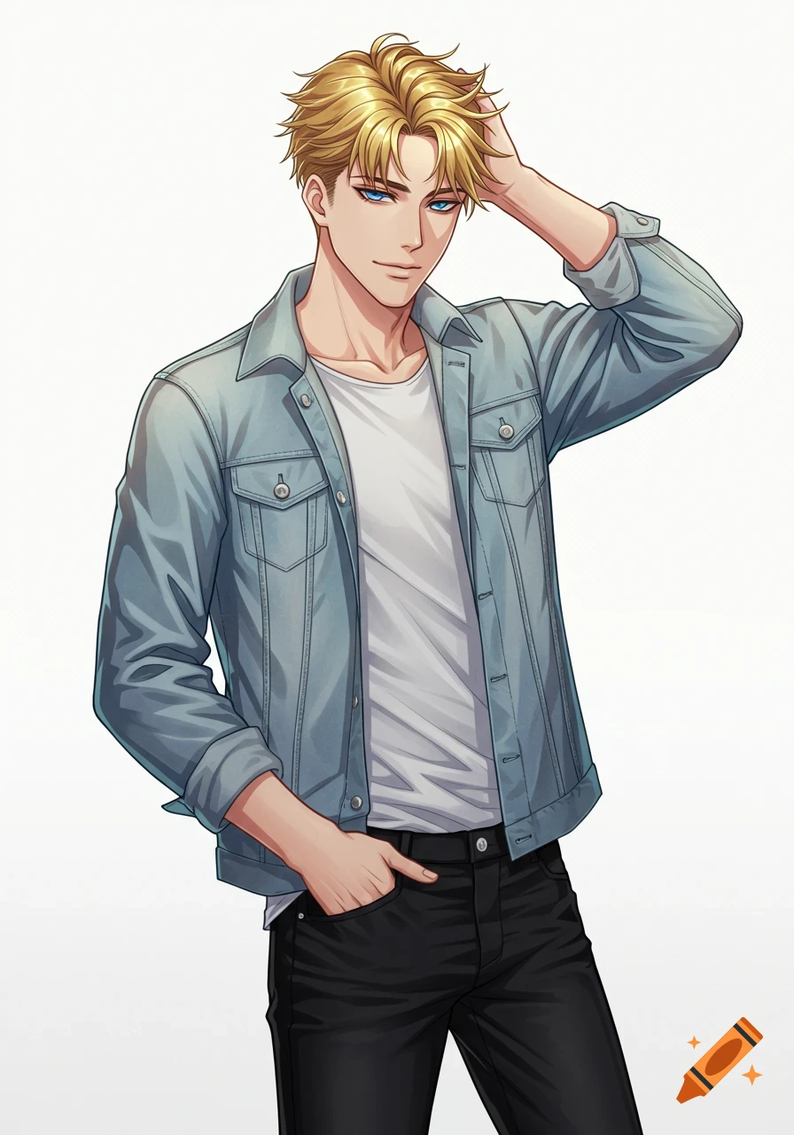 Manhwa-style illustration of a man with black hair and blue eyes ...