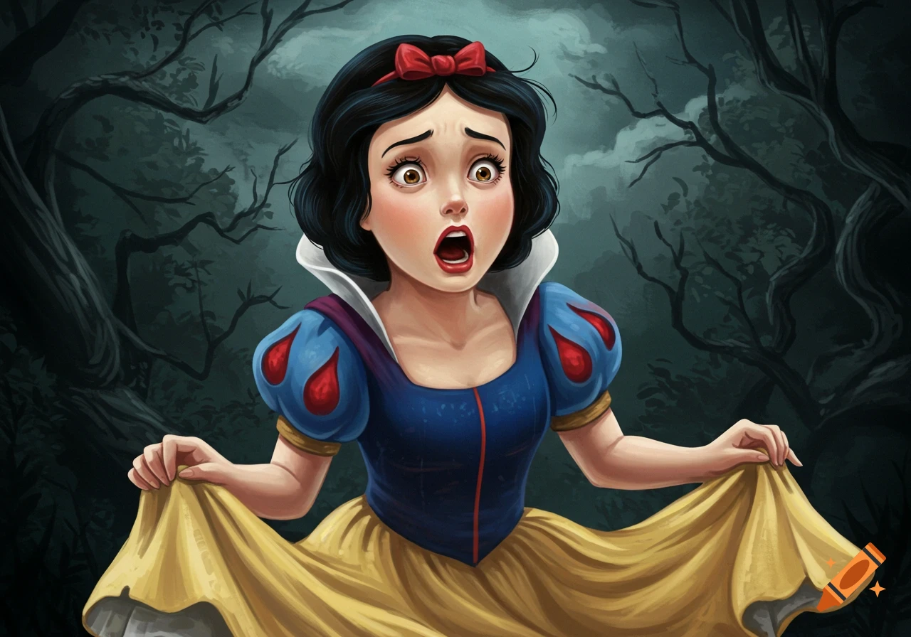 Illustration of a terrified Snow White, eyes wide and mouth open ...