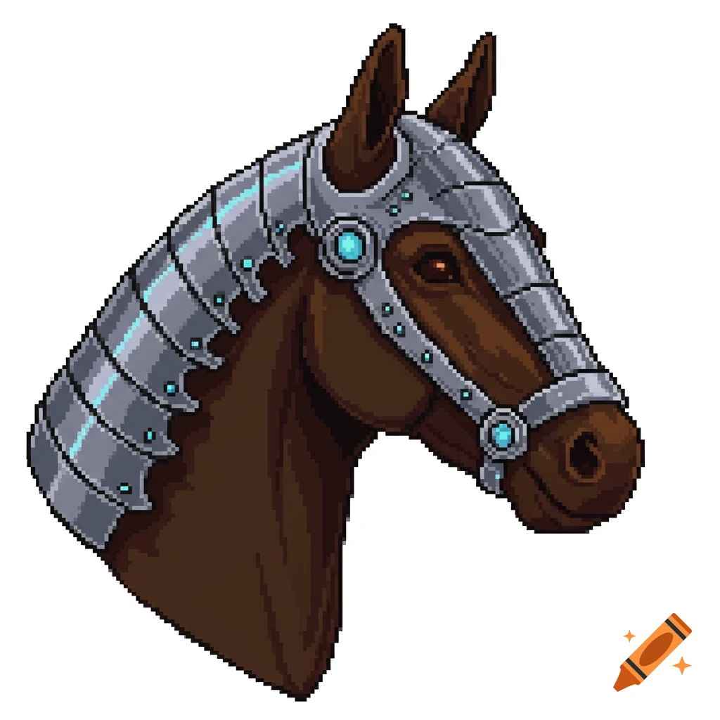 A pixel art 2D retro sprite of a dark brown horse head with light gray ...
