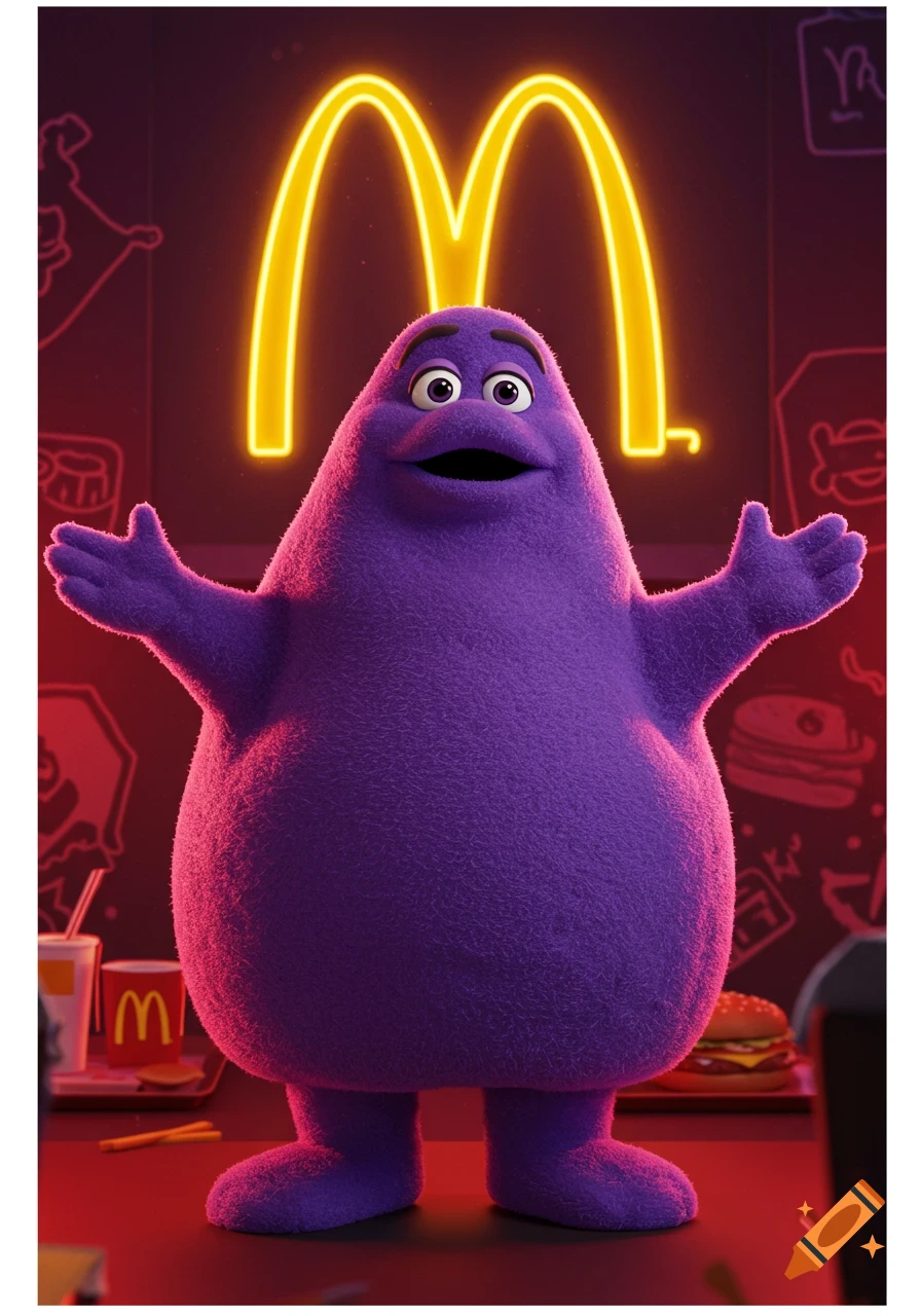A furry purple Grimace stands in a McDonald's restaurant with arms open ...