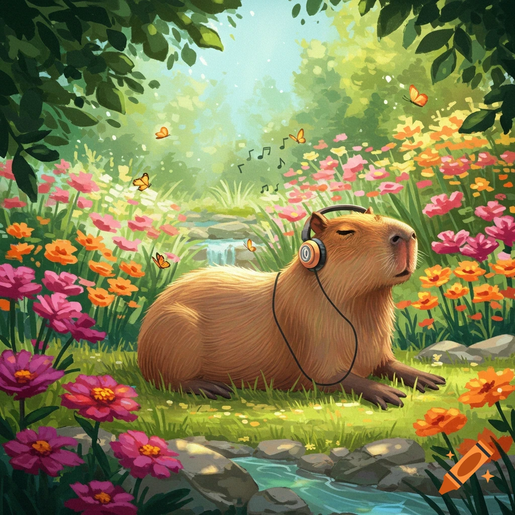 An illustrated capybara with headphones, eyes closed, peacefully ...