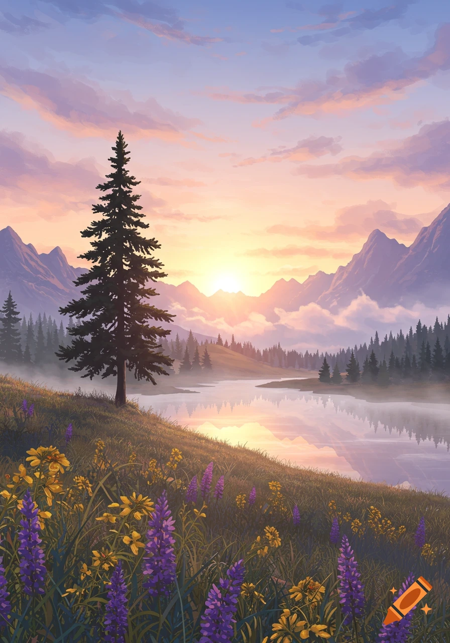 A vibrant digital painting of a sunset over rolling hills, a winding ...