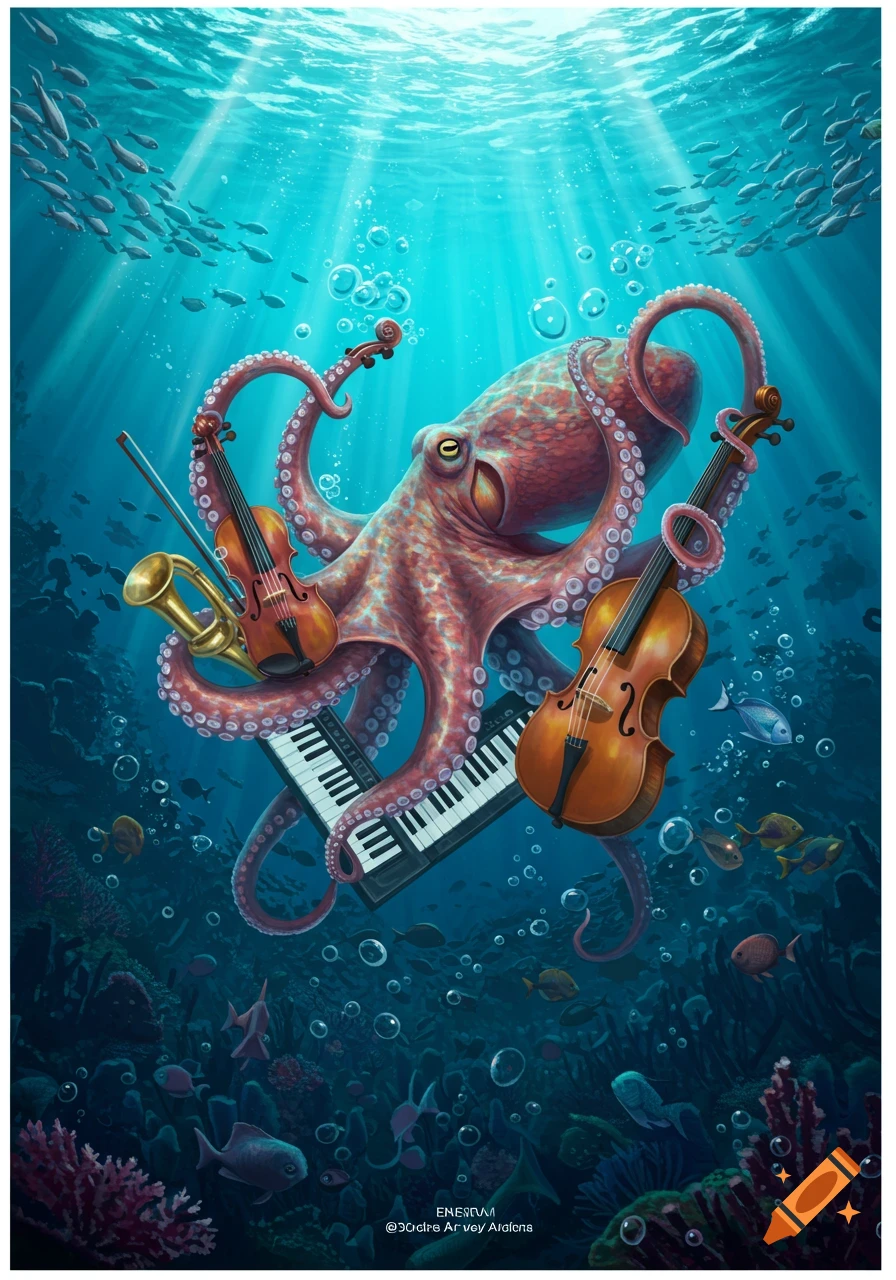 A vibrant illustration of a red octopus playing a violin, trumpet, and ...