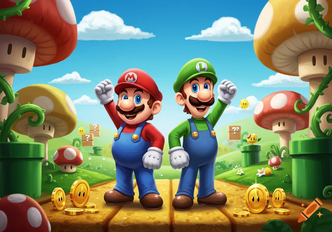 Mario and Luigi stand triumphantly in a vibrant Super Mario Bros ...