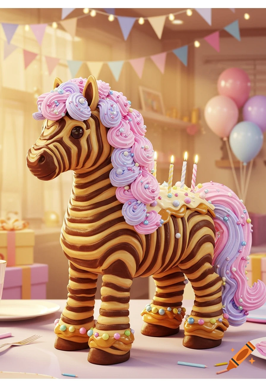 A whimsical birthday cake shaped like a zebra, decorated with pink and purple frosting ...