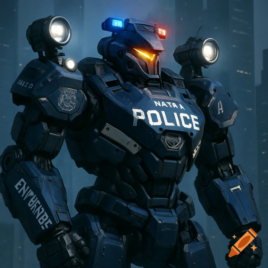A detailed, photorealistic image of a blue police mech with flashing ...